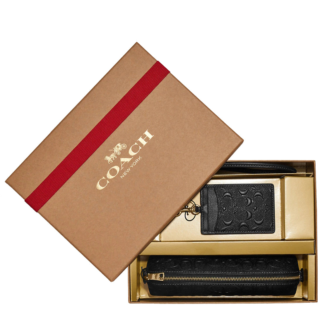 Coach Boxed Pencil Case And Id Lanyard Set In Signature Leather in Bla ...