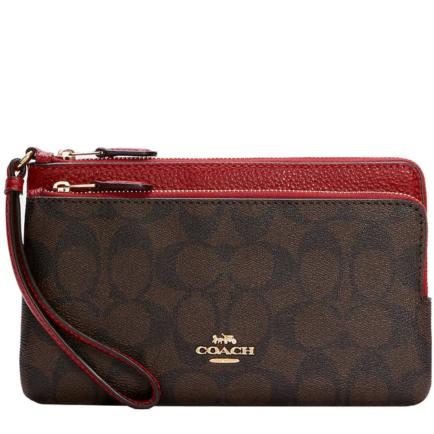 Buy Coach Double Zip Wallet In Signature Canvas in Brown/ 1941 Red ...