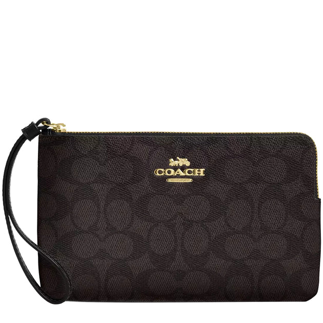Coach Large Corner Zip Wristlet In Signature Canvas - Walnut/ Black CZ ...
