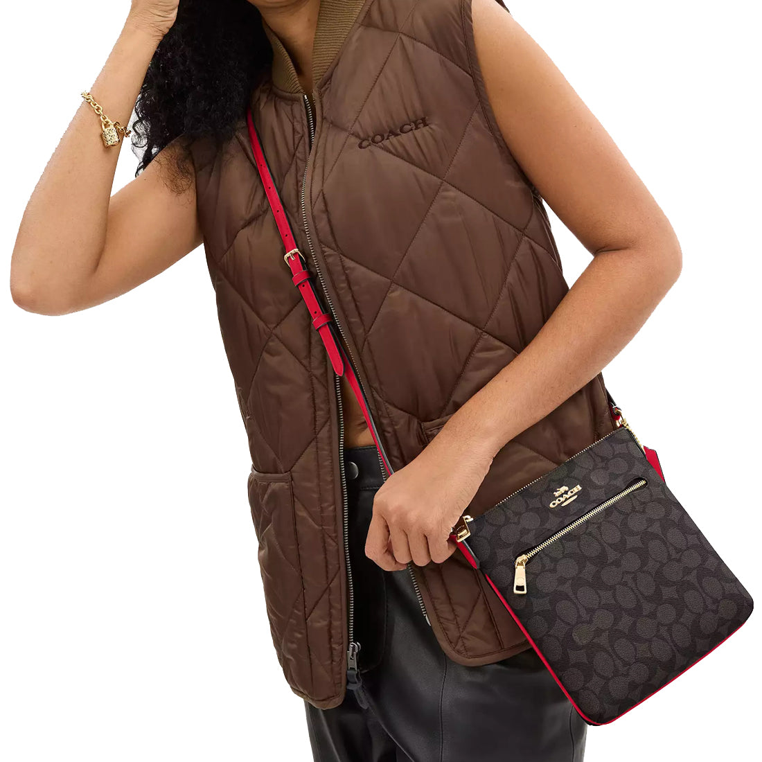Buy Coach Mini Rowan File Bag In Signature Canvas in Walnut/ Bold Red ...