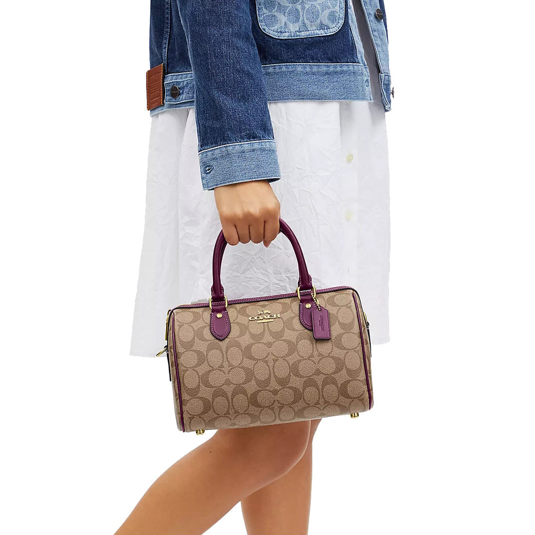 Buy Coach Rowan Satchel Bag In Signature Canvas in Khaki/ Deep Berry ...