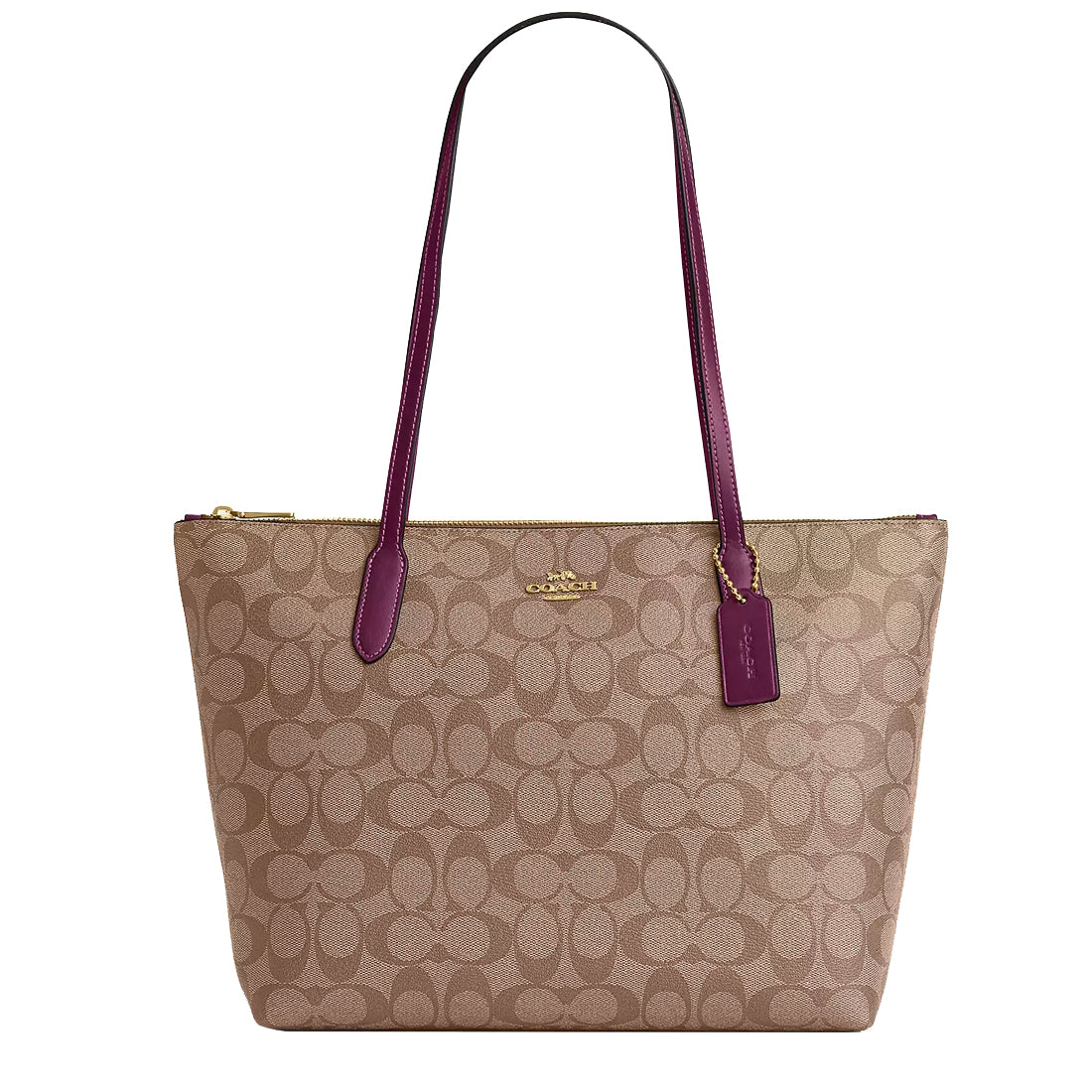 Buy Coach Zip Top Tote In Signature Canvas in Khaki/ Deep Berry 4455 ...